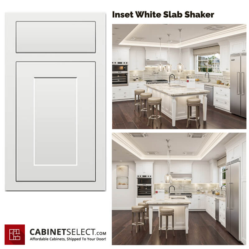 Inset White Slab Shaker Kitchen Cabinets | CabinetSelect.com